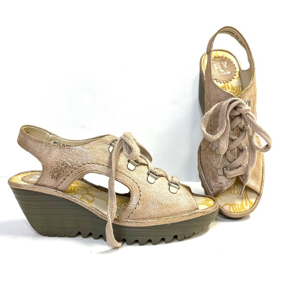 Fly London | Shoes | Fly London Ylfa Lace Up Wedge Sandals In Metallic ...